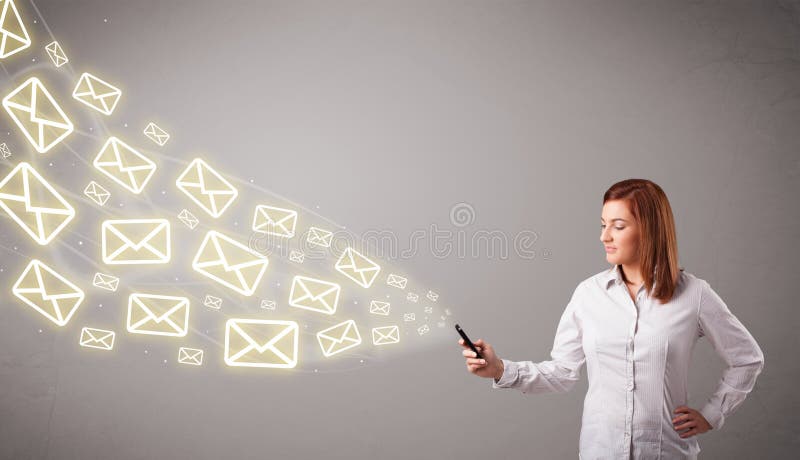 Attractive Young Lady Holding a Phone with Message Icons Stock Image ...