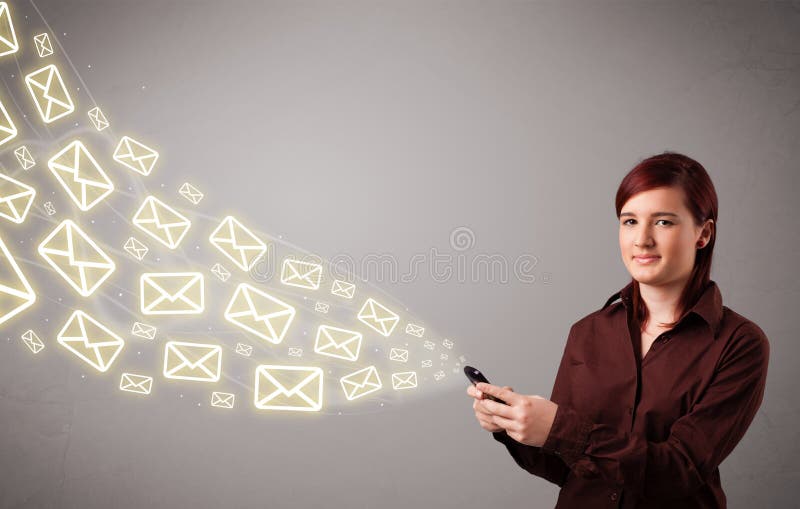 Attractive Young Lady Holding a Phone with Message Icons Stock Image ...