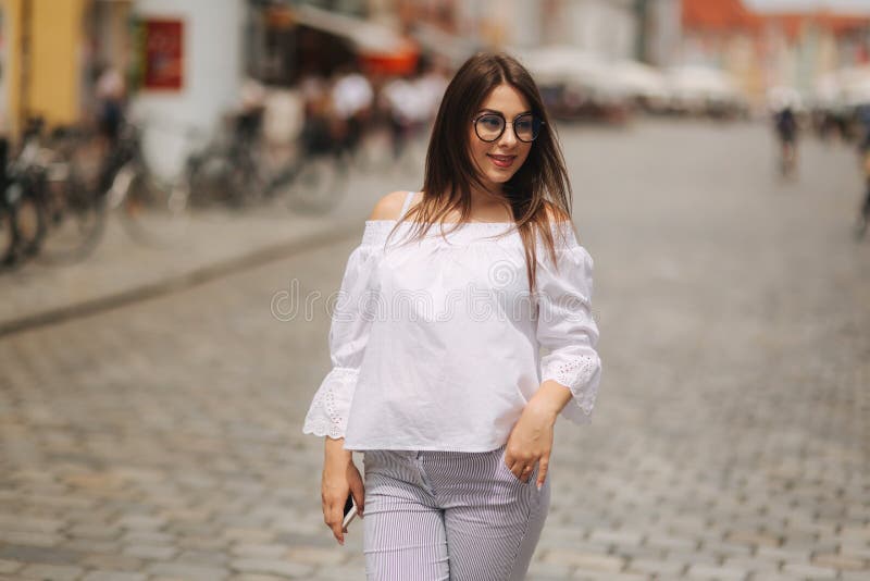 Attractive Young Lady Stand in Centre of the City Stock Photo - Image ...