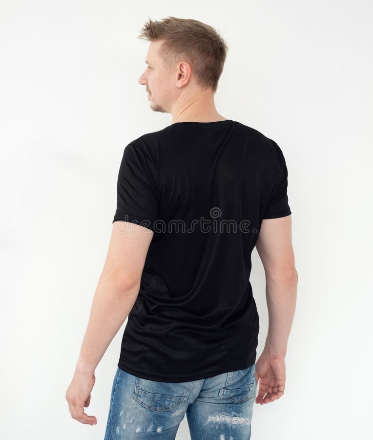 Attractive Young Man in a Black T-shirt Stock Image - Image of back ...