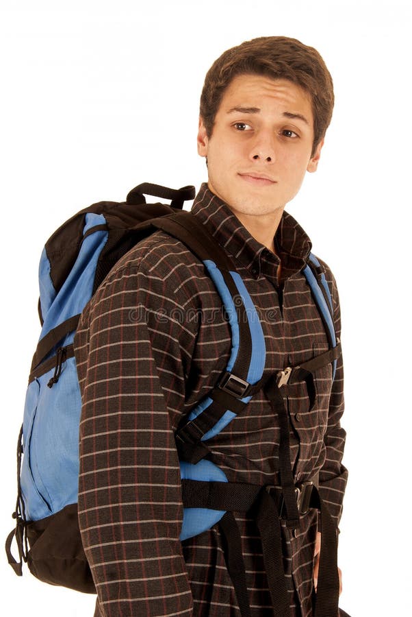 Attractive Young Man with Blue Packpack Intense Look Stock Photo ...