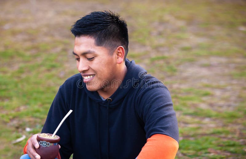 Attractive Young Man Drinking Yerba Mate, Herbal Tea Stock Photo ...