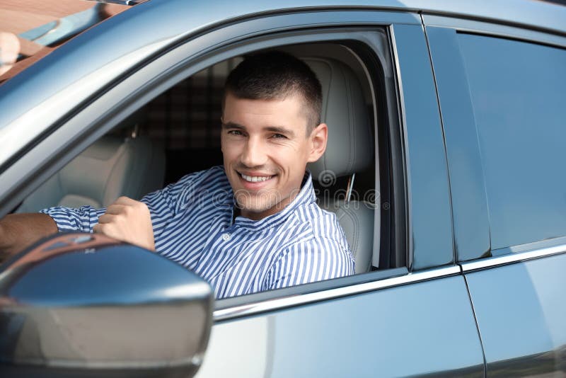 Attractive Young Man in Modern Car Stock Photo - Image of outdoors ...