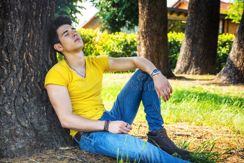 Attractive Young Man in Park Resting Against Tree Stock Image - Image ...