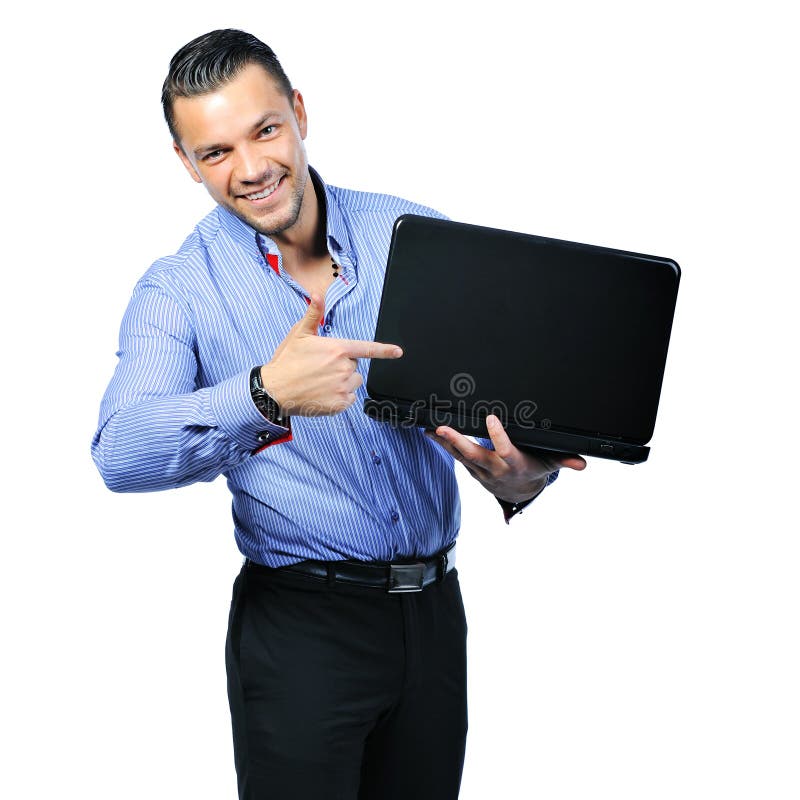Young Man Pointing on Notebook Computer. Isolated on Stock Photo ...