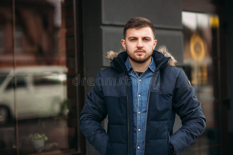 Attractive Young Man Stand in Front of Buiding Ib Winter Jacket Stock ...