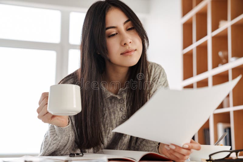Attractive Young Smart Woman Studying Stock Image - Image of coffee ...