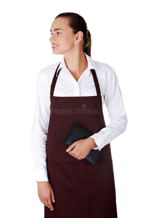 Attractive Young Waitress with Notebook in Hand Stock Photo - Image of ...