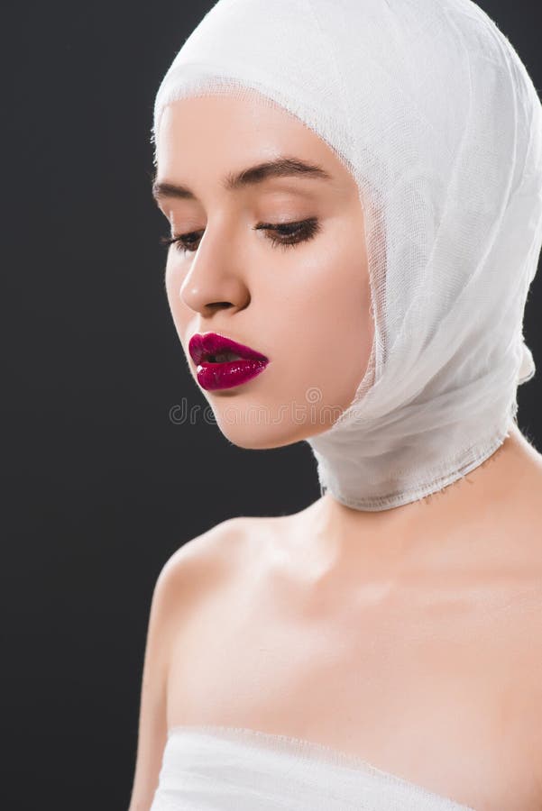 Young Woman with Bandaged Head Isolated on Grey Stock Image - Image of ...