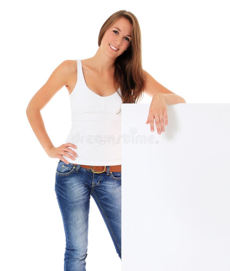 Attractive Young Woman Behind White Sign Stock Photo - Image of ...