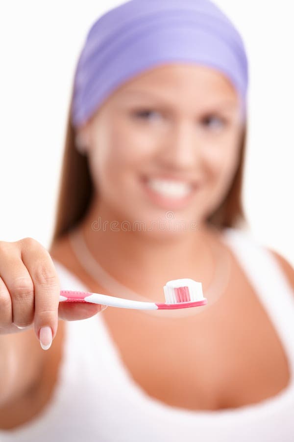 Attractive Young Woman Brushing Teeth Smiling Stock Photo - Image of ...