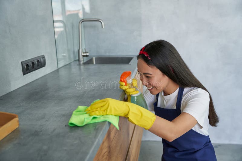 Service At Work Attractive Young Woman Cleaning Lady Smiling While