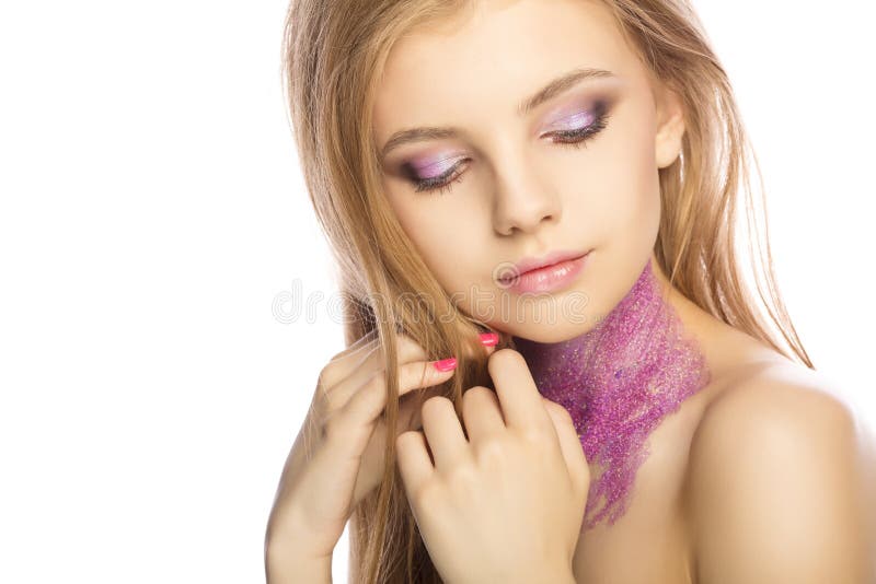 Attractive Young Woman with Creative Makeup Posing with Closed E Stock ...