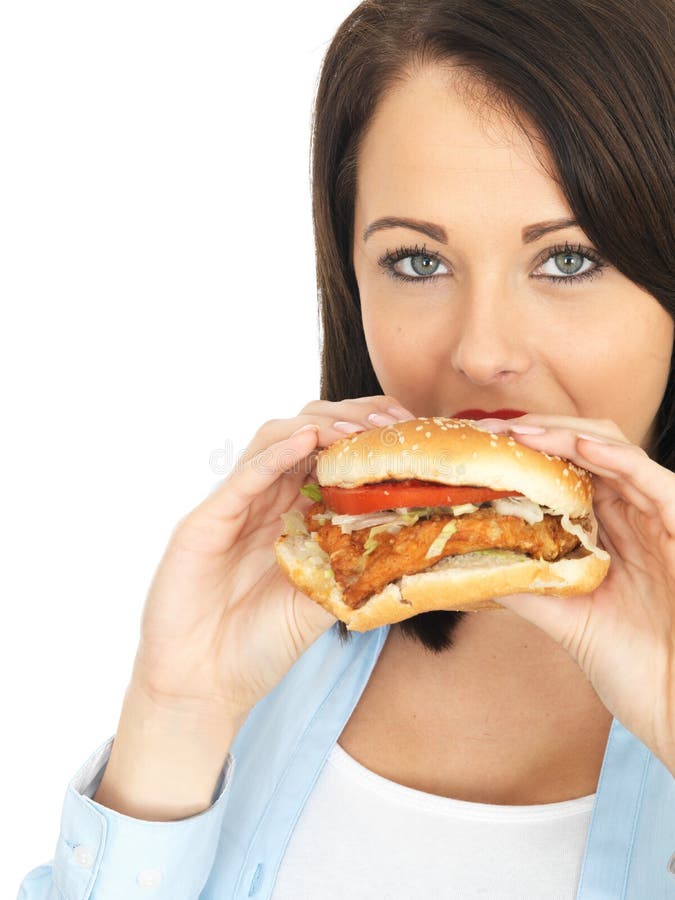 Attractive Young Woman Eating a Chicken Burger Stock Image - Image of ...