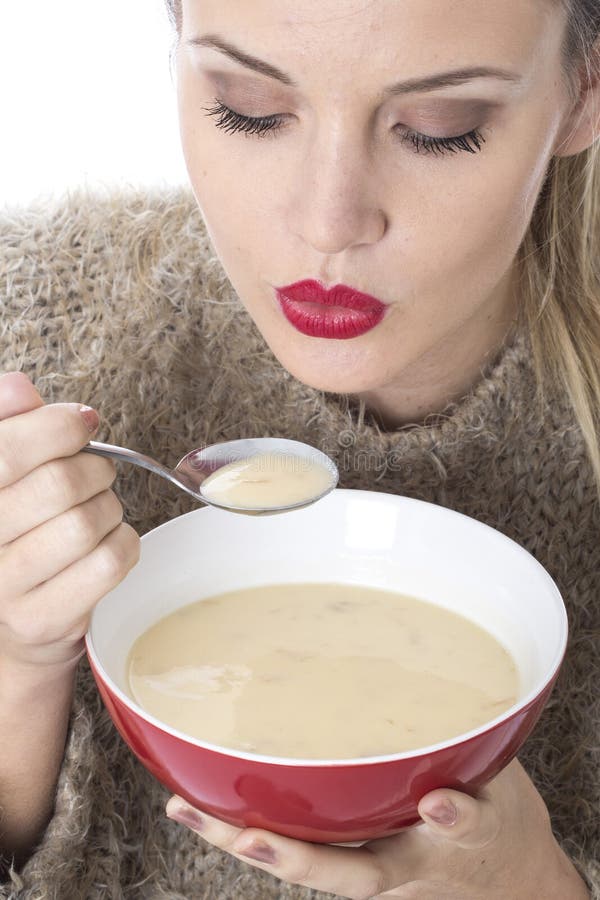 Attractive Young Woman Eating Chicken Soup Stock Photo - Image of alone ...
