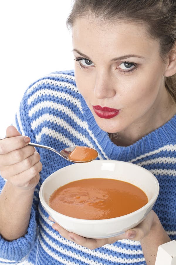 Attractive Young Woman Eating Tomato Soup Stock Image - Image of alone ...