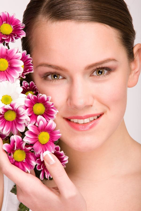 Attractive Young Woman Face with Flowers Stock Image - Image of close ...
