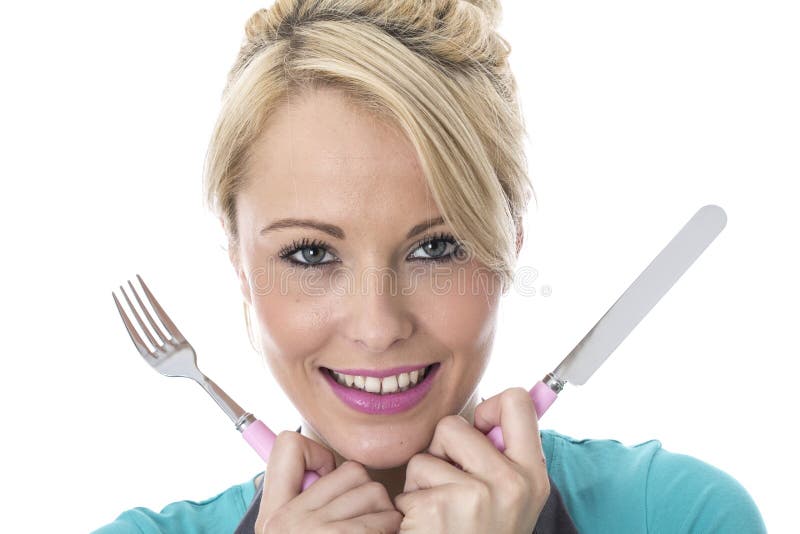 Attractive Young Woman Holding Knife and Fork Stock Photo - Image of ...