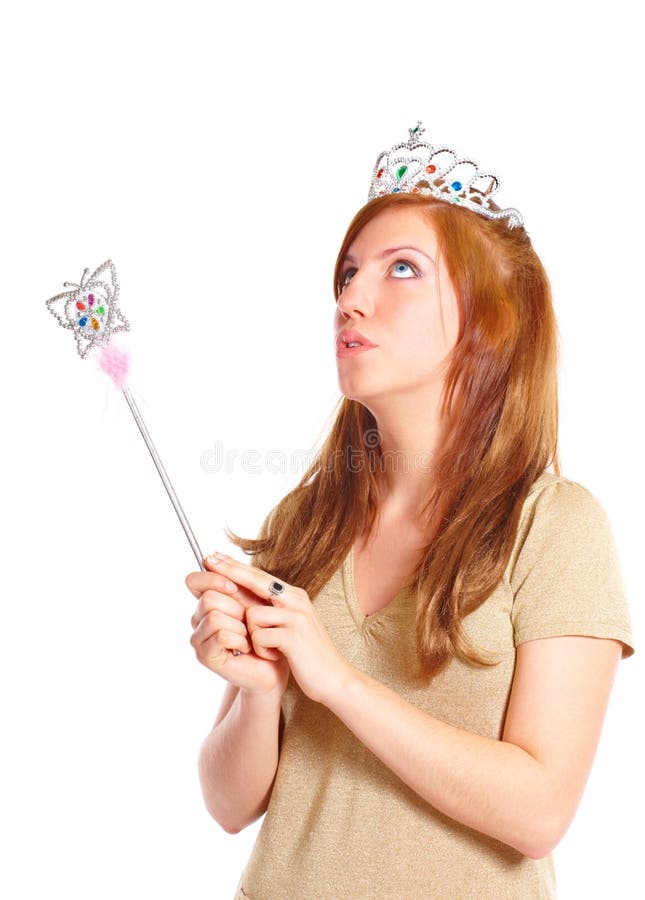 Attractive Young Woman Holding Magic Wand Stock Photo - Image of idea ...