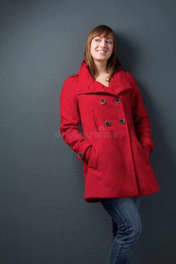 Young Woman Smiling in Red Winter Jacket Stock Photo - Image of ...