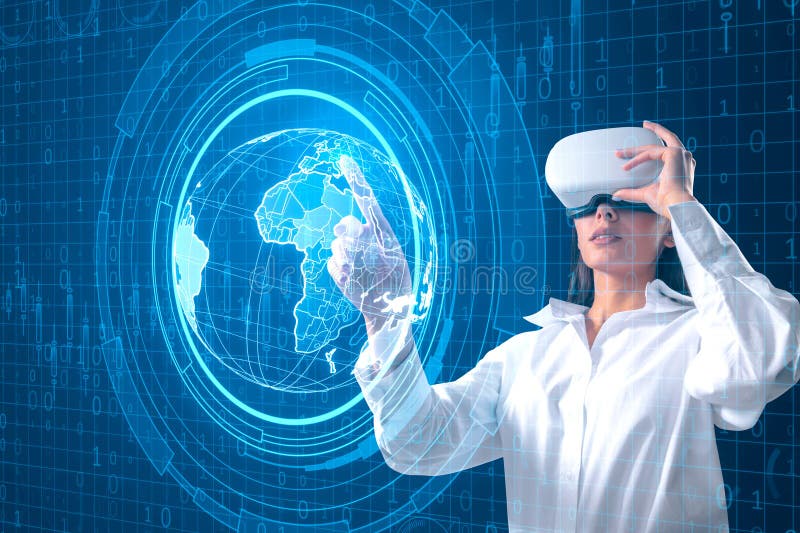 Attractive Young Woman with VR Glasses Using Holographic Screen with ...