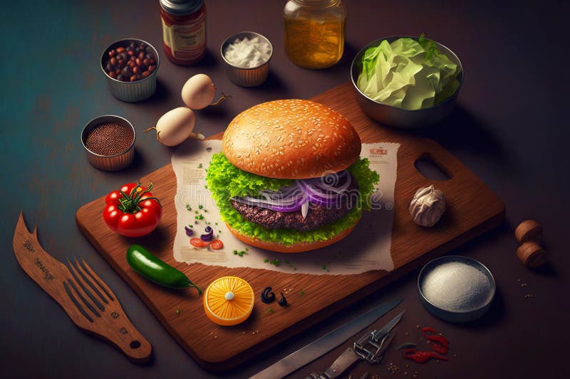 Attractively Served Table with Fast Food in Form of Burger with Beef ...