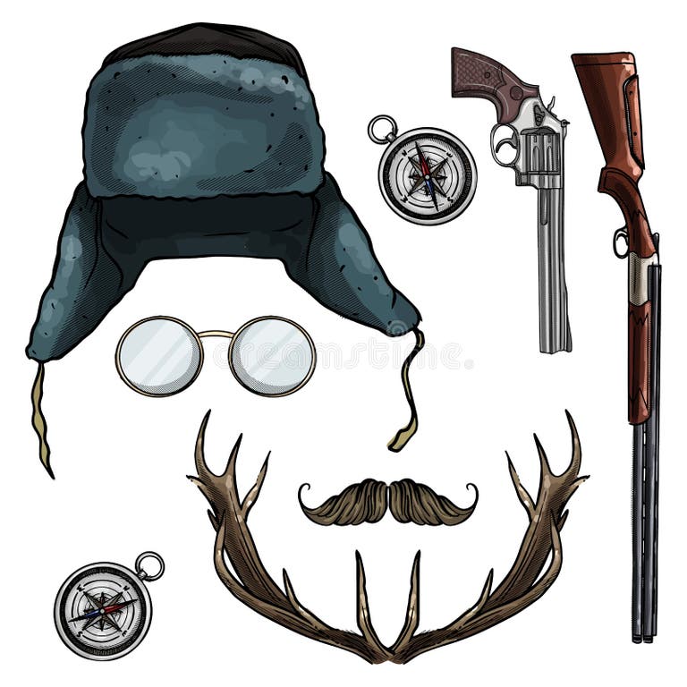 Attributes of hunter icon stock vector. Illustration of icon - 152608472