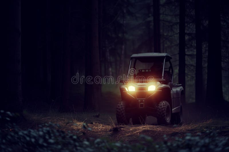 Atv with Headlights on, Driving through a Dark Pine Forest Stock Image ...