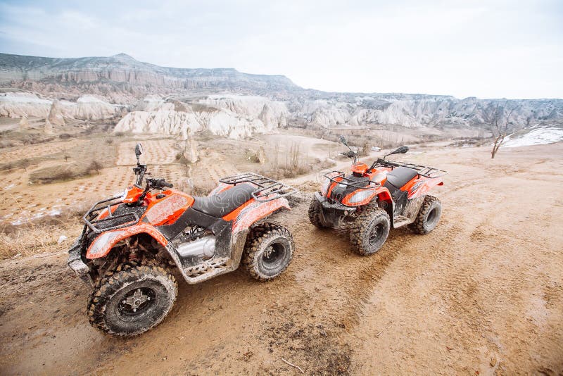 ATV Quad Bike in Front of Mountains Landscape Stock Image - Image of ...