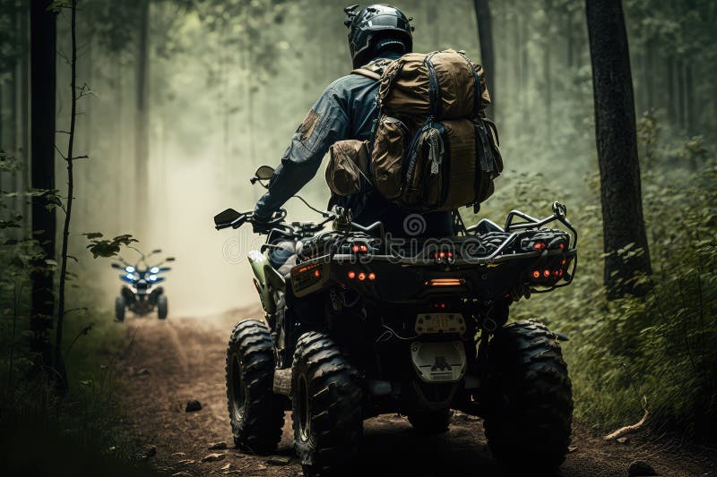Atv Rider, with Backpack and Rifle, on Forest Trail Stock Illustration ...