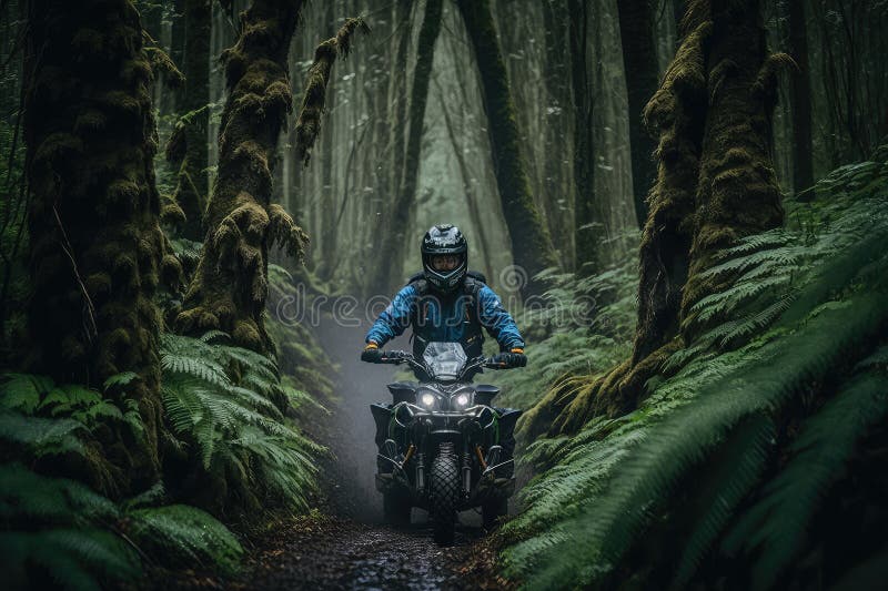 Atv Rider Navigating through Dense Forest, with Trees Towering Overhead ...