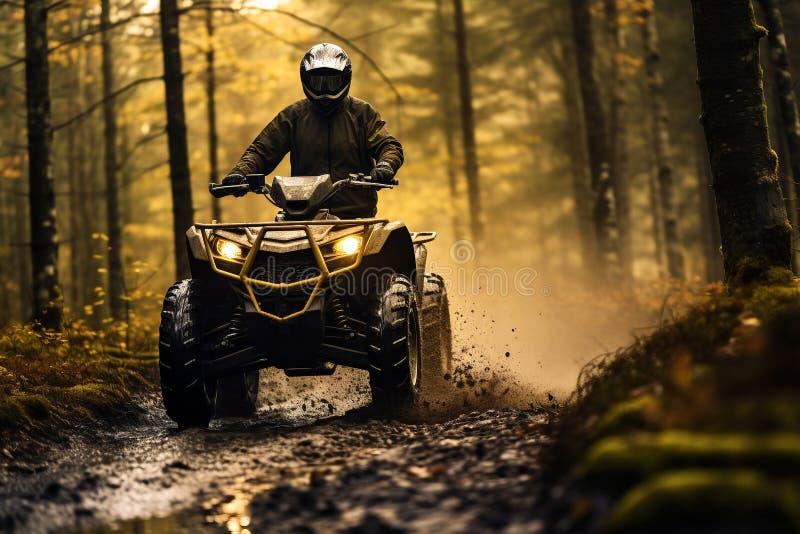 ATV Rider Navigating through a Forest Trail during Autumn. Stock Photo ...