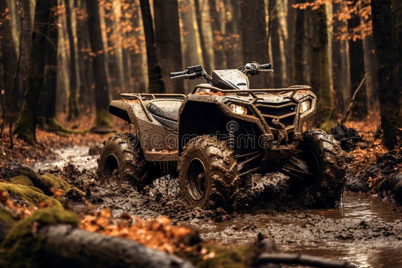 ATV Splashing through a Muddy Trail in a Dense Autumn Forest. Stock ...