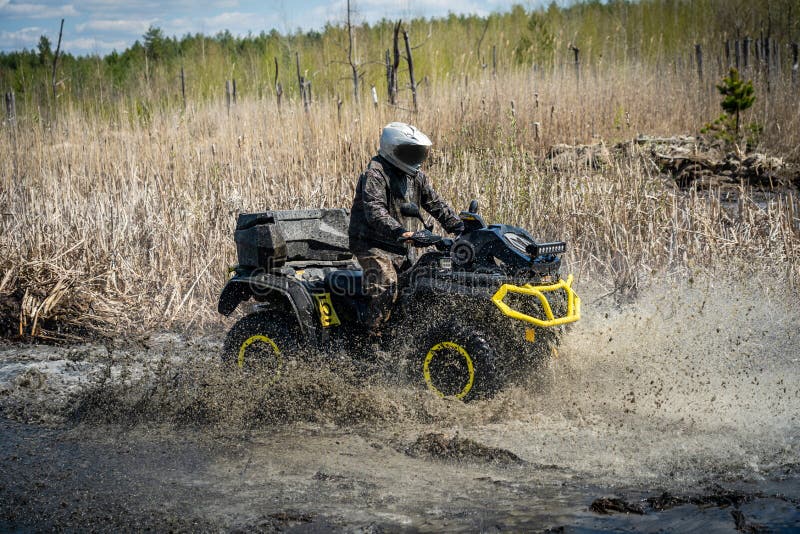 ATV and UTV in Action in Water Track with Water Mud Splash. Extreme ...