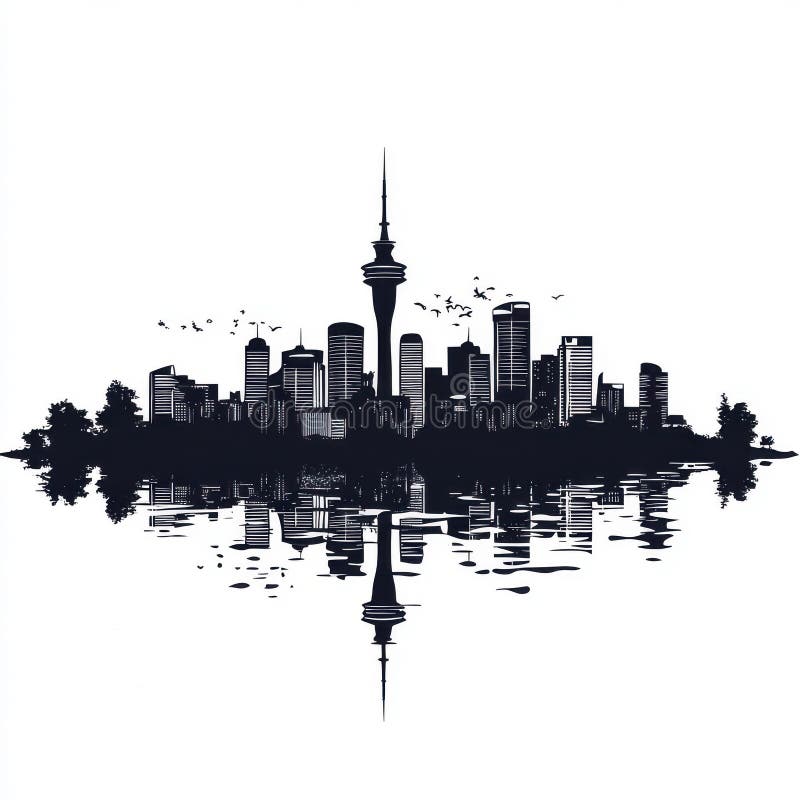 Auckland City Skyline Reflection Black and White Art Stock Illustration ...
