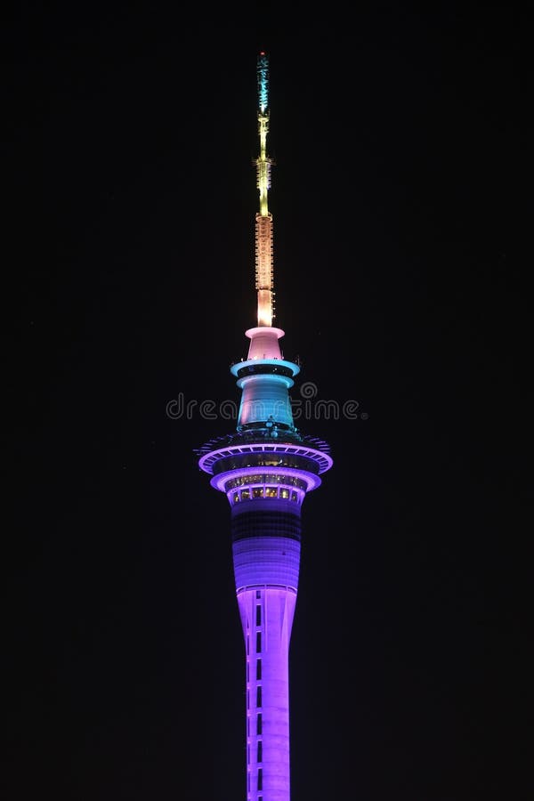 Illuminated Auckland Sky Tower on the Background of Black Night Sky ...