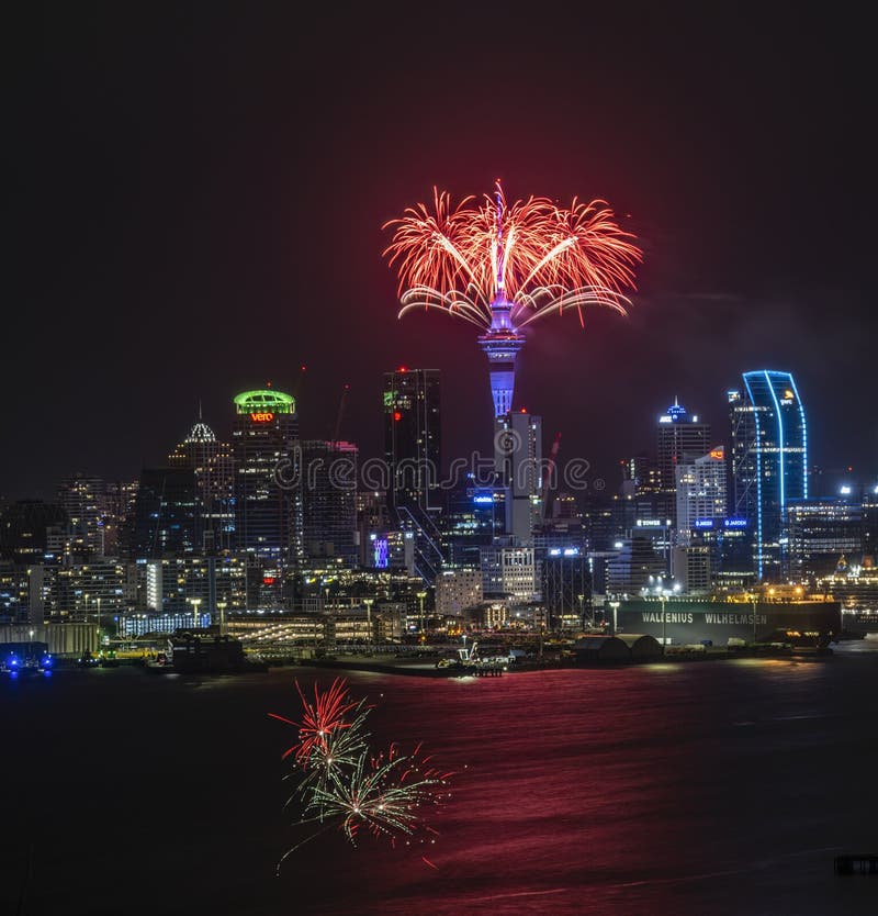 Auckland Skytower Fireworks for New Year Celebration. Vertical Format ...