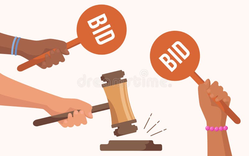 Auction Bidding. Hands Holding Gavel and Signs with Bids Stock Vector ...