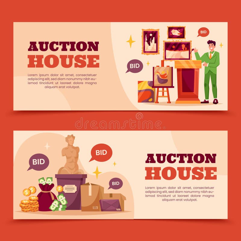 Auction House Banners in Flat Design Stock Illustration - Illustration ...