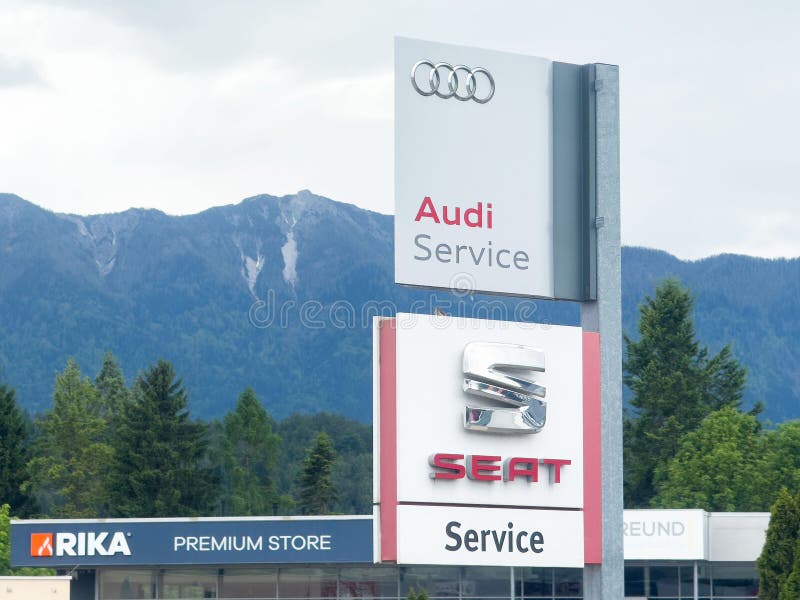 Audi and Seat Service Signs Against Mountainous Backdrop Editorial ...