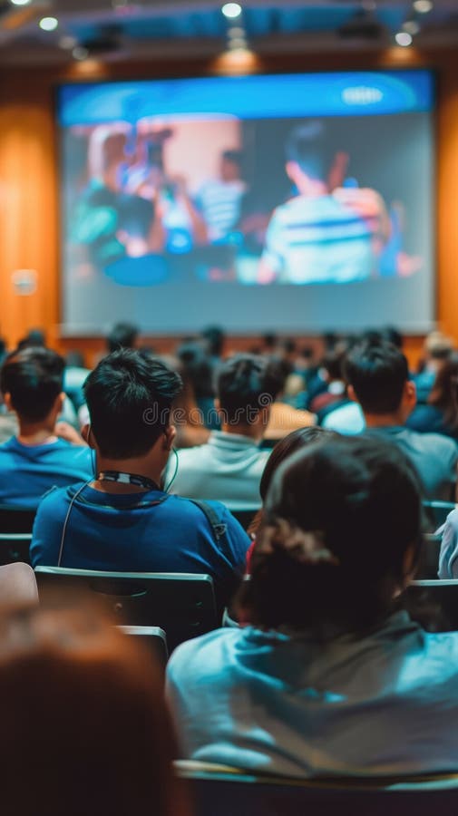 Audience in Auditorium Watching Presentation on Large Screen. Stock ...