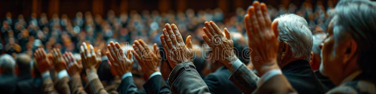 Audience Clapping Hands Inside a Formal Auditorium Viewed from Behind ...