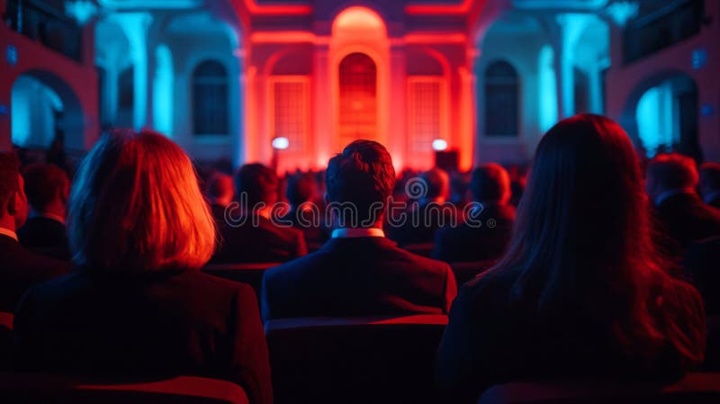 Audience Members at an Event in a Large Hall with Red and Blue Lighting ...