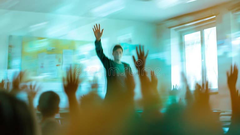 Audience Participation: Hands Raised in a Blurred Classroom Stock ...