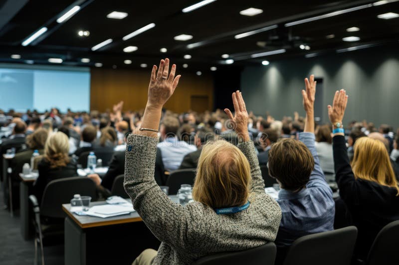 Audience Raises Hands during Active Seminar Participation Stock Image ...