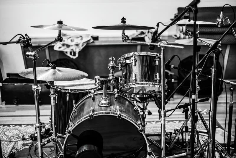 A Audience Side View of a Drum Kit Set Up for Recording Stock Image ...