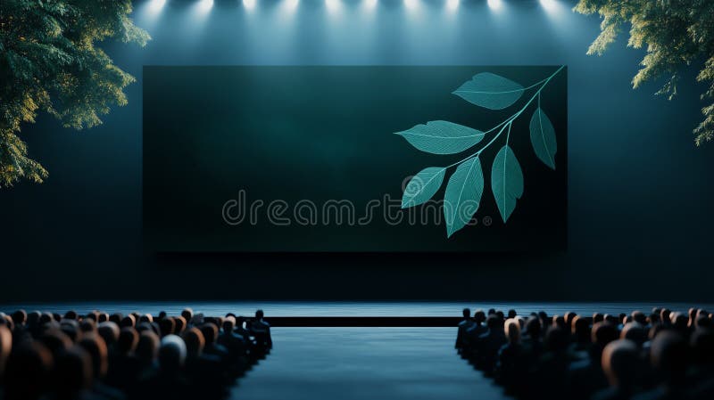 Audience in a Theater with a Leaf Backdrop, Illuminated Stage Lights ...