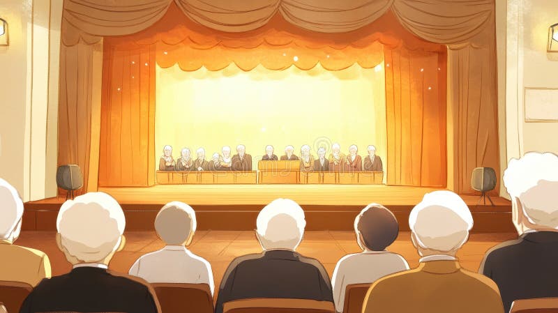 Audience Watching a Panel Discussion on a Stage with Curtains and ...