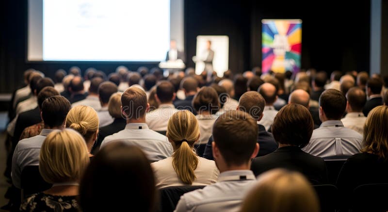 Audience Watching Presentation in Dimly Lit Auditorium with Bright ...