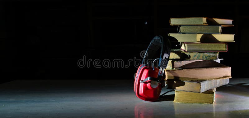 Audio Book Concept, with Stack of Books, Vintage Headphones, Good Copy ...